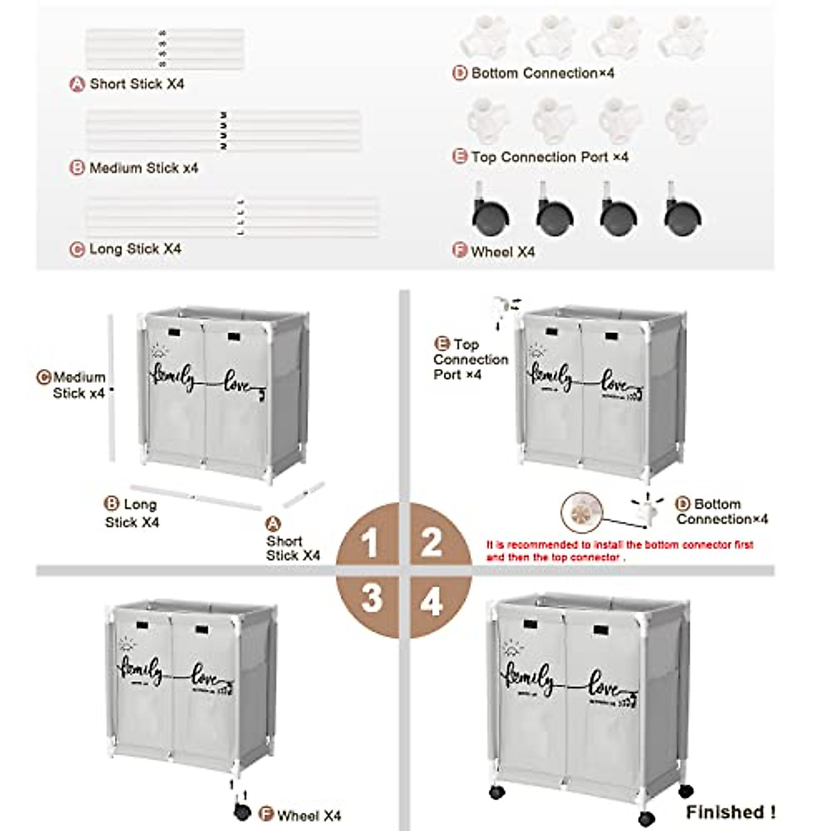 Laundry Sorter Cart with Lid, 110L 2 sections Oxford Cloth Laundry Hamper on Wheels, Laundry Basket for Family Dorm Room Clothing Throws Toys (22.6*13.6*26.6IN)