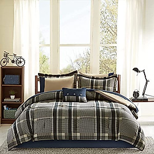 Intelligent Design Robbie Cozy Comforter Set Bed in A Bag, Modern Casual All Season Bedding Set, Matching Sham, Decorative Pillow, Navy/Tan, Full, 9 Piece
