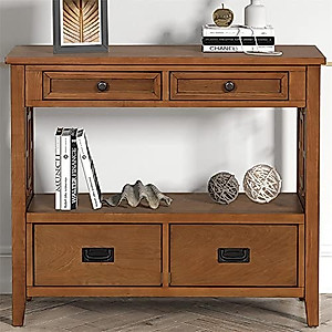 L“KeKe 36 Inch Country Farmhouse Console Table with 4 Drawers and 1 Storage Shelf Pine Wood Suitable for Entryway Entrance Living Room Bedroom Hallway Kitchen (Brown)