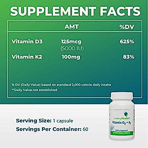Vitamin D3 + K2 | 5000 IU of D3 (as cholecalciferol) for Optimal Calcium Absorption | 100 mcg of K2 (as menaquinone-7) for Circulatory Health | Supports Bone & Immune Health | 60 Vegetarian Capsules