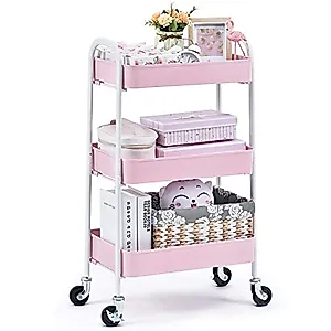 TOOLF 3 Tier Rolling Cart, No Screw Metal Utility Cart, Easy Assemble Utility Serving Cart, Sturdy Storage Trolley with Handles, Locking Wheels, for Classroom Office Home Bedroom Bathroom, Pink