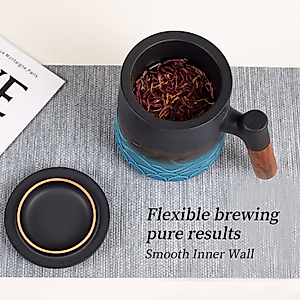 TEEVEA Tea Cup with Infuser and Lid, Ceramic Steeping Mug with Rosewood Handle, 15.2 Ounces Loose Leaf Tea Cup,Black & Blue