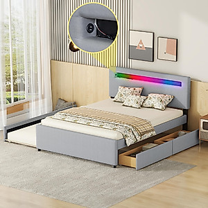 GJHOME Queen Size Upholstered Platform Bed with 2 Storage Drawers and Twin Trundle, LED Lights and USB Charging, Linen Queen Bed Frame with Headboard and Wood Slat Support, Gray