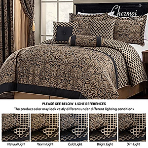 Chezmoi Collection 7-Piece Black/Gold Diamond Floral Medallion Jacquard Woven Comforter Set, California King