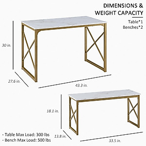 VECELO Kitchen Table with 2 Benches for 4, Wood Dining Room Dinette Sets with Metal Frame for Breakfast Nook and Small Space