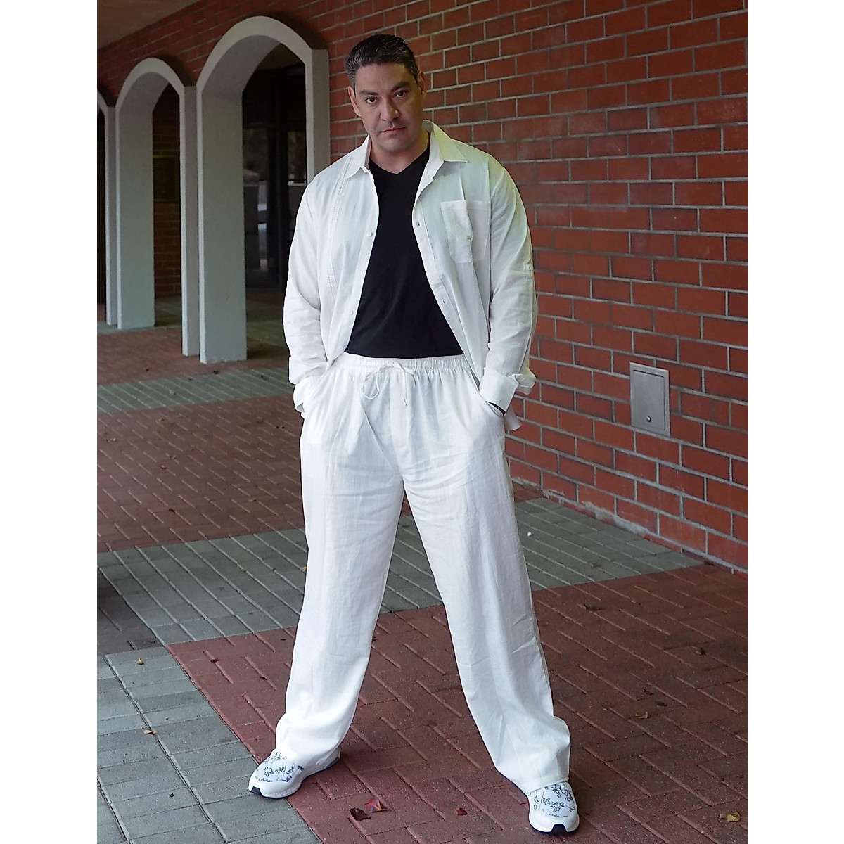 COOFANDY Mens Linen Yoga Outfits Casual Button Down Shirts with Pocket and Loose Pants All White Outfits for Men