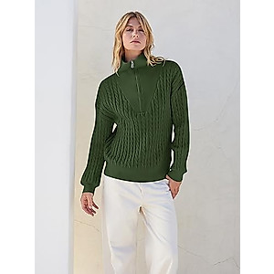 MEROKEETY Women's 2023 Long Sleeve 1/4 Zipper Sweaters V Neck Cable Knit Pullover Tops Army Green Medium