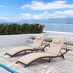 Gotland Patio Chaise Lounge Sets Outdoor Rattan Adjustable Back 3 Pieces Cushioned Patio Folding Chaise Lounge with Folding Table