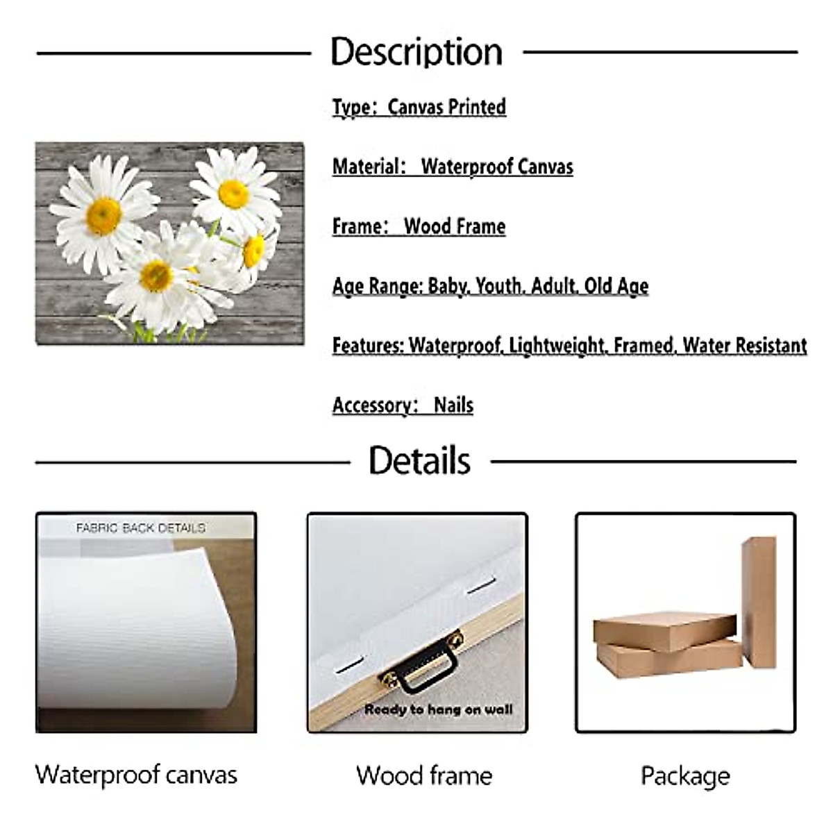 TAOMI White Daisy Flowers Picture Bedroom Bathroom Wall Art Yellow Daisy Flower Wood Grain Canvas Print 12x16 Rustic Farmhouse Floral Artwork for Living Room Office Home Decor Ready to Hang