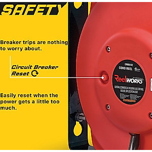 ReelWorks Retractable Extension Cord Reel Polypropylene 12AWG x 40' Foot Industrial Commercial Grade 3C SJT Cable Triple Tap Connector 15A 125VAC 1875W 60Hz Current Interrupter Best for Indoor Use