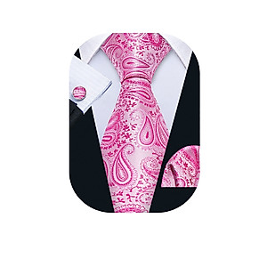 Barry.Wang Paisley Tie Fashion Set Hanky Cufflinks Neckties for Men Woven Silk Pink