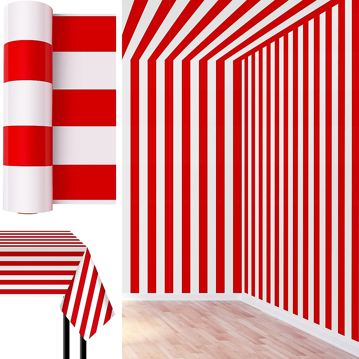 Jecery 54 Inch x 100 ft Tablecloth Roll Red and White Striped Tablecloth Red Brick Wall Backdrop Carnival Circus Decorations Wizard Photography Supplies for Photo Booth Props