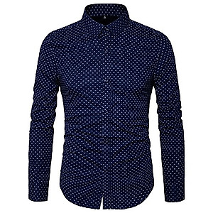MUSE FATH Men’s Button Down Dress Shirt-Cotton Casual Long Sleeve Shirt-Party Dress Shirt-Navy Blue-L