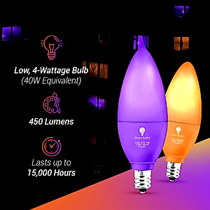6 Pack BlueX LED Candle Purple Light Bulb - 4W (40Watt Equivalent) - E12 Base Purple LED Purple Bulb, Party Decoration, Porch, Home Lighting, Holiday Lighting, Chandelier Light Bulbs, Candelabra Bulbs