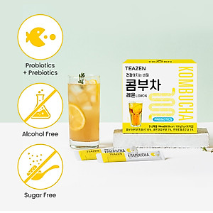 TEAZEN Lemon Kombucha Tea, Live Probiotics & Postbiotics, Relaxation and Warmth for Colds and Sore Throat, Zero Sugar, Low Caffeine, Fermented Kombucha Powder from Korea, 30 Sticks, 5.29oz