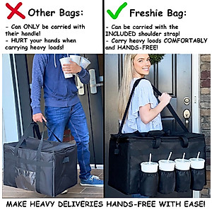 FRESHIE Insulated Food Delivery Bag with Cup Holders/Drink Carriers Premium, For Doordash, Uber Eats, Grubhub, Pizza Bag, Catering, Beverage, Commercial Quality (XL)