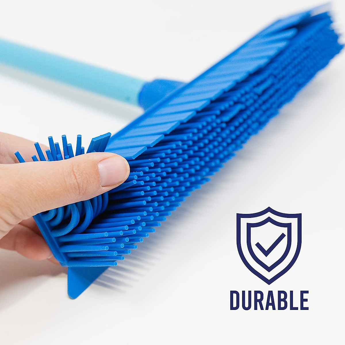 Don Aslett's Rubber Broom (12") and Hand Brush (10") Set | 59-inch Steel Pole | Multipurpose Synthetic Rubber Bristles Cleans Pet Cat or Dog Hair, Liquid Spills on Concrete & Hardwood Surface (Purple)