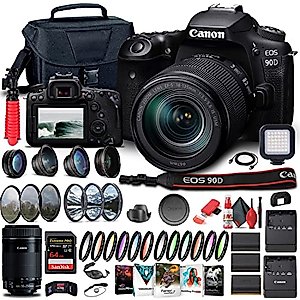 Canon EOS 90D DSLR Camera with 18-135mm Lens (3616C016), EF-S 55-250mm Lens, 64GB Memory Card, Case, Corel Photo Software, 2 x LPE6 Battery, External Charger, Card Reader + More (Renewed)