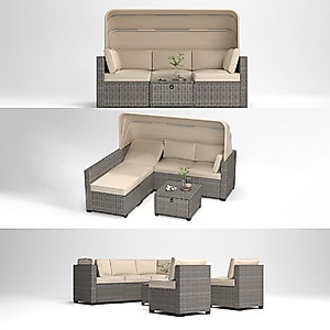 olimix 6 Rattan Pieces Patio Furniture Sets, Outdoor Daybed with Retractable Canopy, Outdoor Sectional Sofa Set with Adjustable Backrest, Chaise Chair Sunbed for Garden Patio Backyard（Grey）