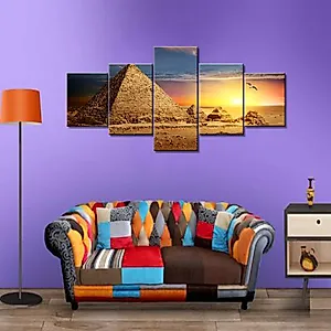 Canvas Wall Art Ancient Pyramids in Sand Pictures Sundow Yellow Scenery Artwork 5 Panel Prints Paintings for Living Room Giclee Modern Home Decor Wooden Framed Stretched Ready to Hang(50''Wx24''H)