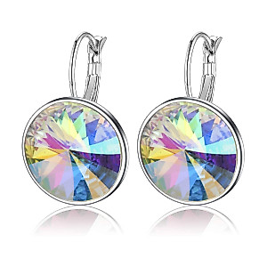 Austrian Crystals Round Drop Leverback Earrings for Women 14K Gold Plated Hypoallergenic Hoop Earrings (Aurora Borealis)