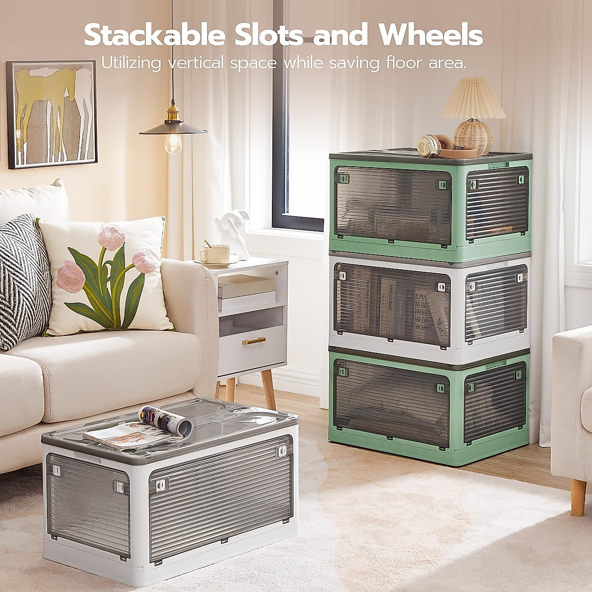HOOBRO 14.8 Gal Storage Bins with Lids, Folding Storage Box with Wheels and 5 Doors, Collapsible Plastic Storage Bin, Stackable Storage Containers, for Home, Office Organizing, White WG56CW01