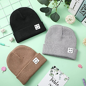 Coume 3 Pcs Baby Beanie Knitted Hats Toddler Kids Beanie Caps Soft Warm Baby Knit Winter Hat Smile Face Knitted Baby Beanie (Coffee, Gray, Black)