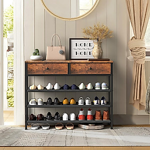 usikey Shoe Rack, 4 Tier Shoe Storage Organizer with 2 Drawers, Metal Shoe Shelf for 12-15 Pairs of Shoes, with 3 Fabric Shelves and Wooden Top, Shoe Stand for Closet Entryway, Rustic Brown