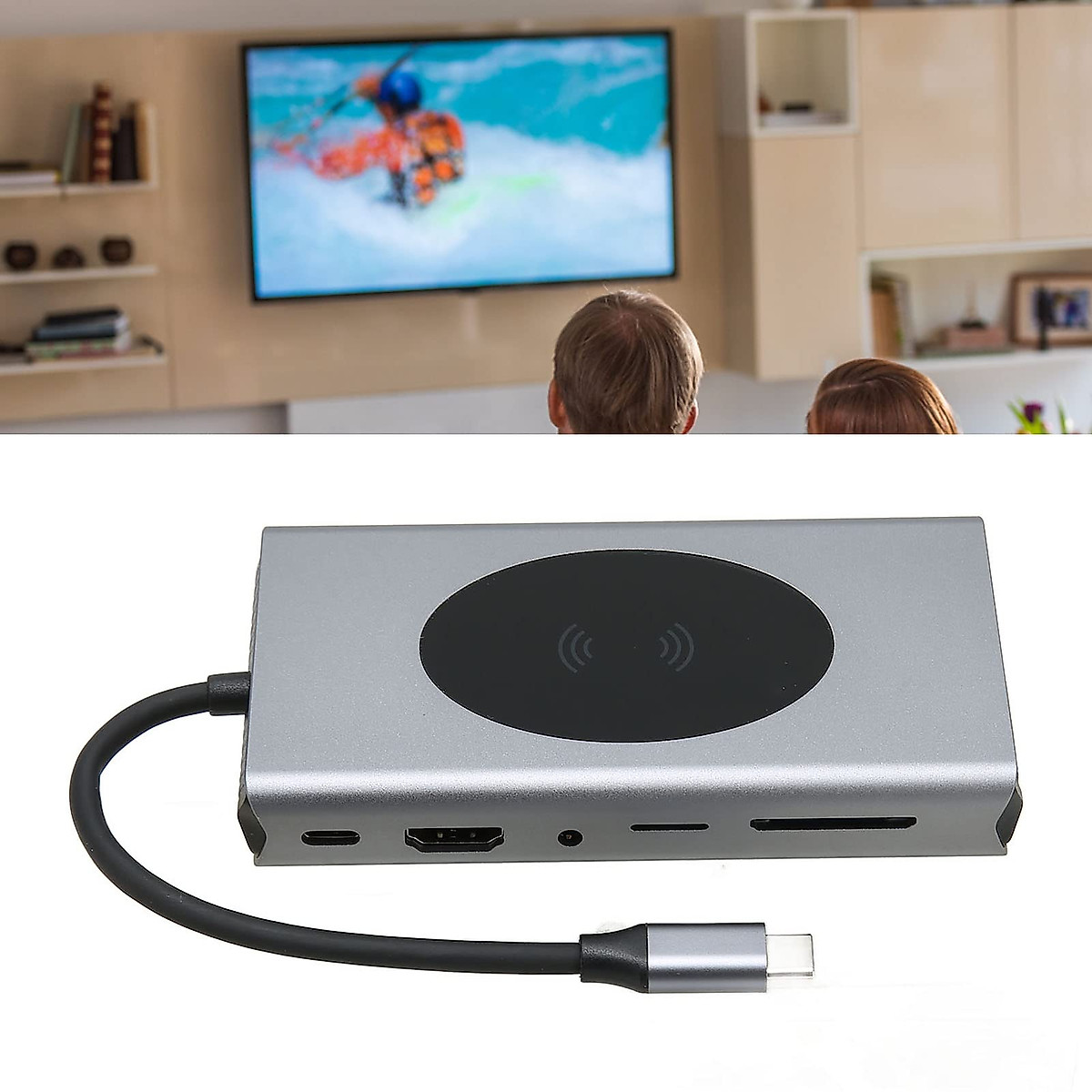 13 in 1 USB C Hub, USB C Splitter, Type C to HD Multimedia Interface VGA 5 X USB3.0 Memory Card Storage Card RJ45 PD AUDIO3.5 Wireless Charging 10W, Gray