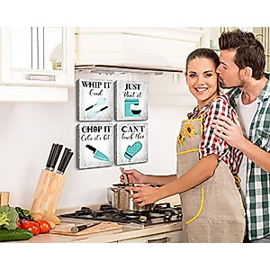 ARTINME Teal Kitchen Quotes Wall Art - Set of 4 Retro Vintage Inspirational Canvas Poster Prints Sign For Dining Room cafe and Restaurant Home Decorations