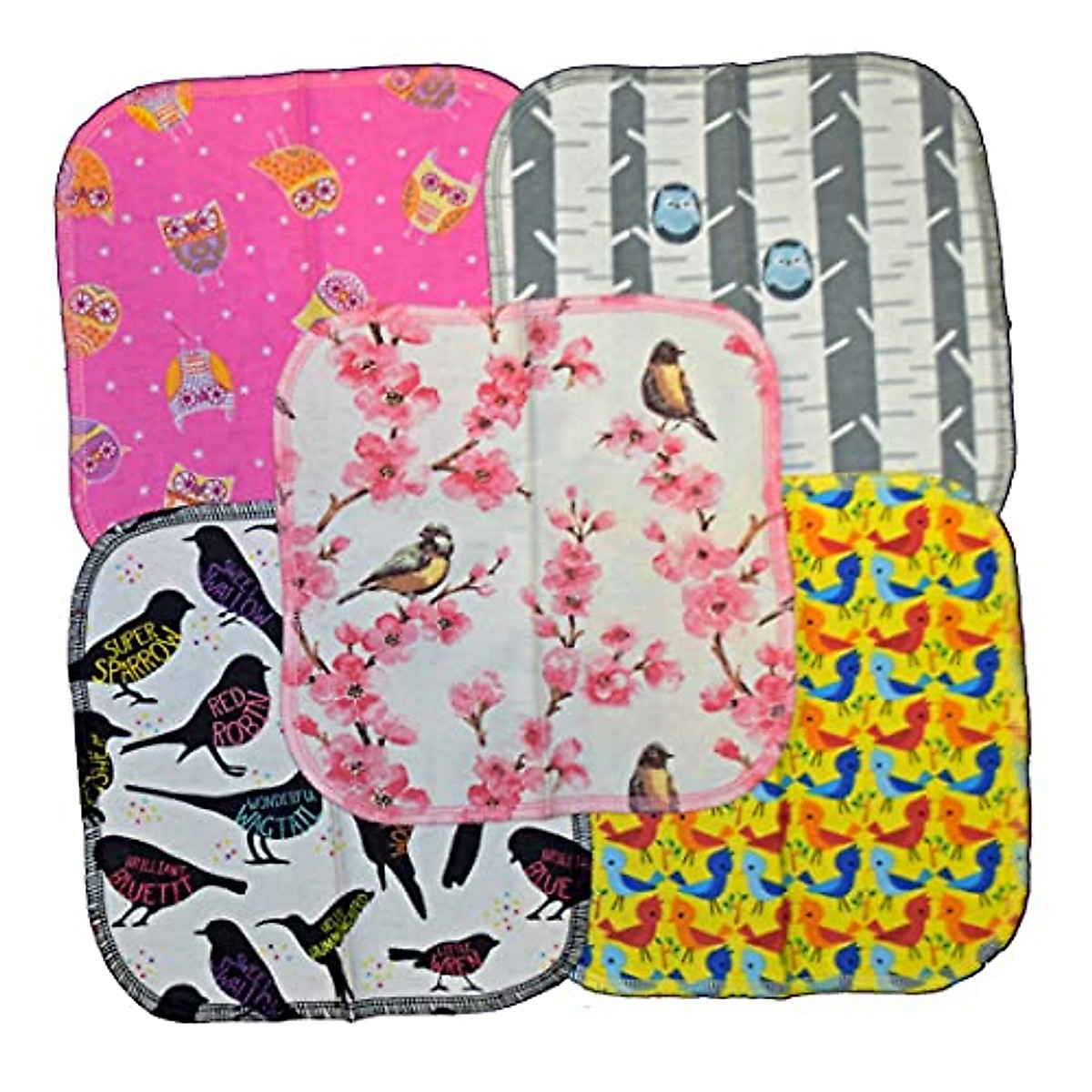 1 Ply Owls & Birds Fun Flannel Washable Kids Lunchbox Napkins 8x8 inches 5 Pack - Little Wipes (R) Flannel