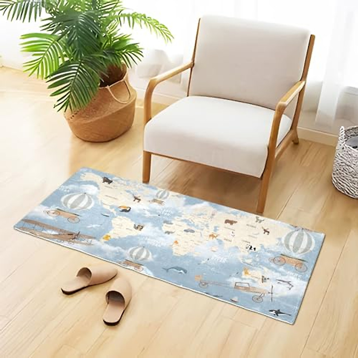 Fluffy Floor Carpet-Animals World Map Travel Theme，39x20in Front Door Mat Indoor Machine Washable Carpet,Aesthetic Rug