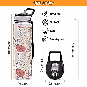 xigua Ladybug Water Bottle with Straw Lid,32 oz Leakproof Sport Water Bottle with Wide Handle for Gym,Cycling,School,Travel