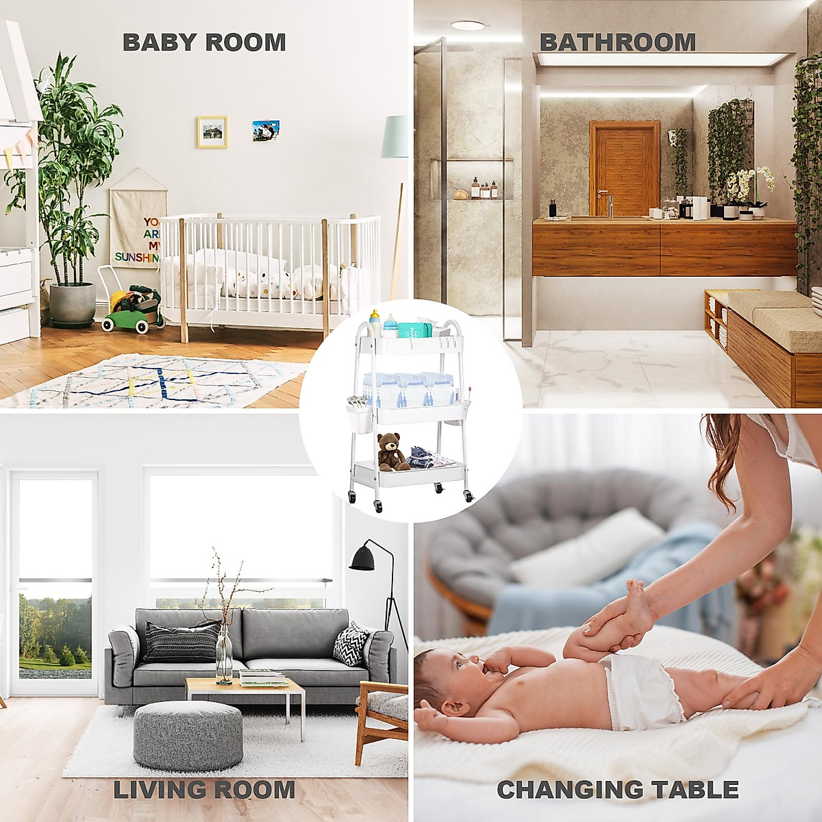 3-Tier Utility Rolling Cart Utility Cart with Wheels Baby Diaper Caddy Cart Metal Nursery Storage Organizer Organizer for Baby Diapers Essentials Storage Cart for Living Room Kitchen Office Bathroom