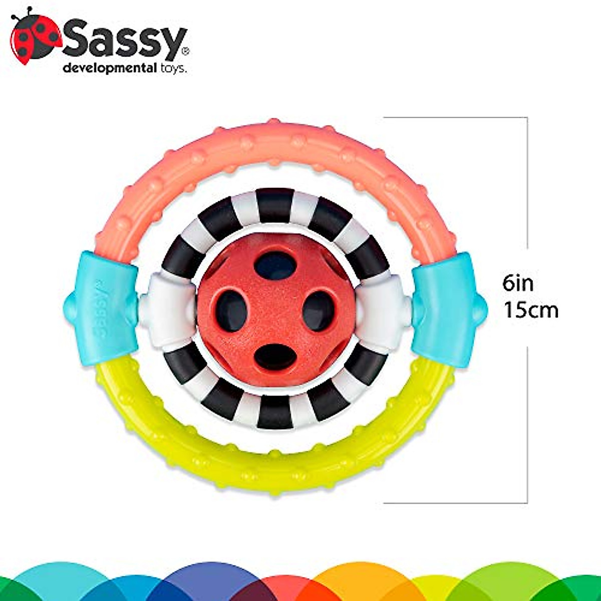 Sassy Spin and Chew Flex Ring Rattle with Dual Action Spinners, for Ages 0+ Months