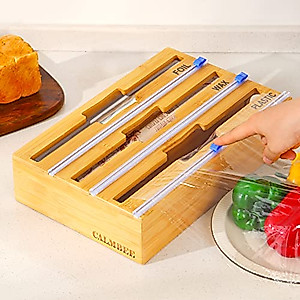 Calmbee Storage Bag Organizer and Wrap Dispenser with Cutter, 3 IN 1 Bamboo Foil and Plastic Wrap Organizer for Kitchen Drawer, Plastic Bag Organizer for Gallon, Quart, Sandwich, Snack