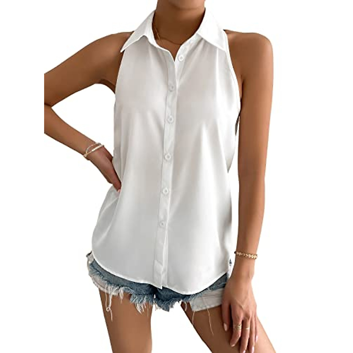 Verdusa Women's Casual Sleeveless Collar Button Down Shirt Blouse Top White S