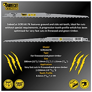10 x SabreCut SCRS1617K_10 12" (300mm) 3 TPI S1617K Very Fast Wood Cutting Reciprocating Sabre Saw Blades Compatible with Bosch Dewalt Makita and Many Others
