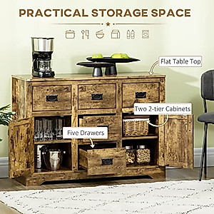 HOMCOM Industrial Sideboard Buffet Cabinet, Kitchen Cabinet with Five Drawers, Two Door Cabinets, Adjustable Shelf Coffee Bar Cabinet, Brown