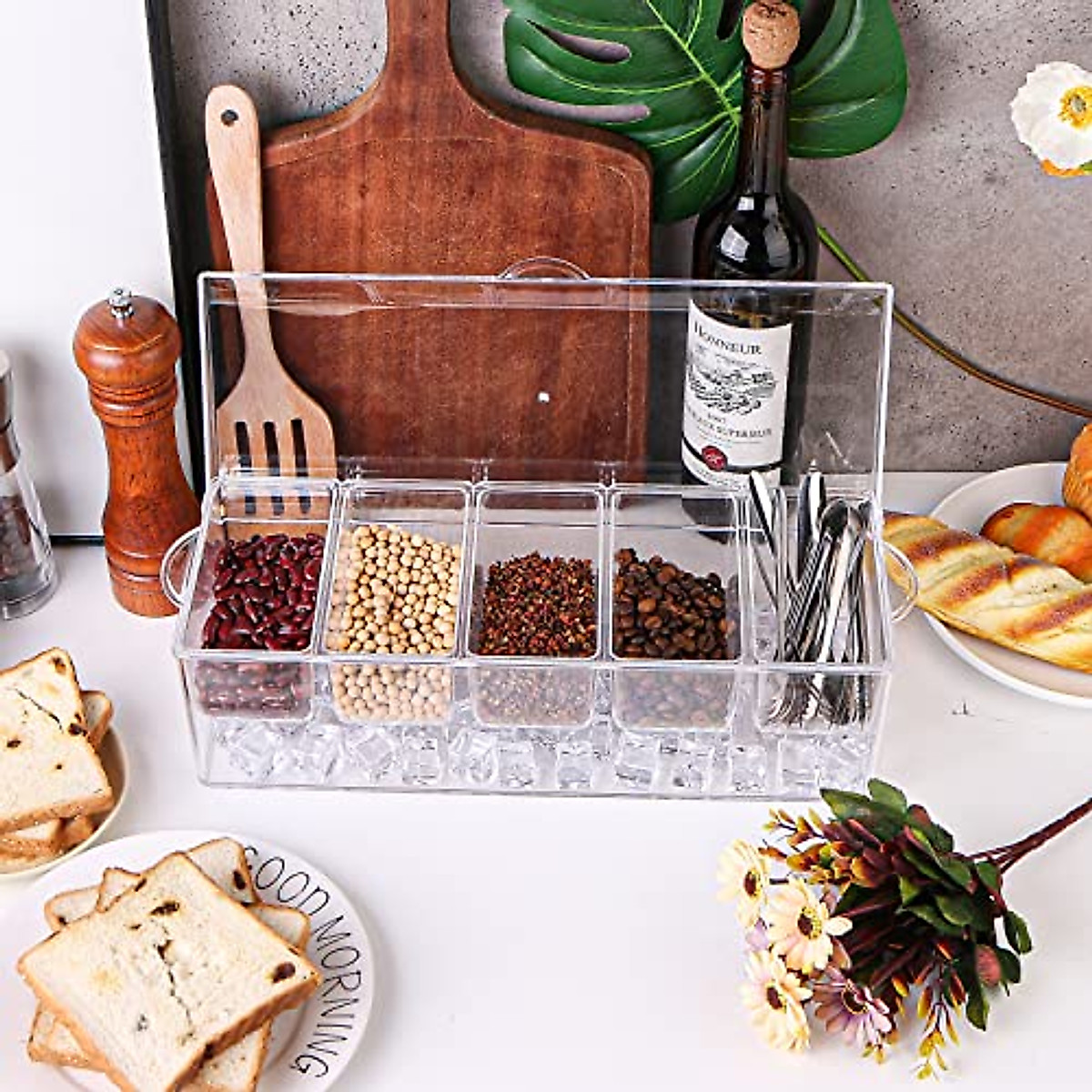 DARCKLE 5 Compartment Condiment Server, Ice Chilled Condiment Containers with Hinged Lid Chilled Caddy with 5 Removable Dishes and 15 Pieces Stainless Steel Serving Tongs Serving Spoons Fruit Forks