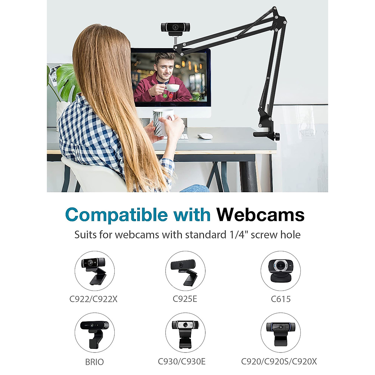 InnoGear Webcam Stand, Boom Arm Mount Stand for Logitech Webcam BRIO 4K C920 C920S C922 C922x C925e C930 NexiGo N60, 1/4"-3/8" and 3/8"-5/8" Screw for Blue Yeti Snowball Yeti Nano and Other Mics