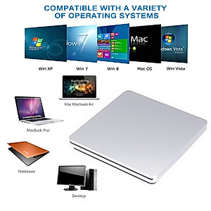 Aouan External CD DVD Drive Burner/Portable/Slim/Reader/Type-c/USB-C Drive(Equipped with USB 3.0 Adapter) for MacBook Pro/PC/Mac/Laptop/Air Windows7/ Windows8 /Windows10 (Sliver)