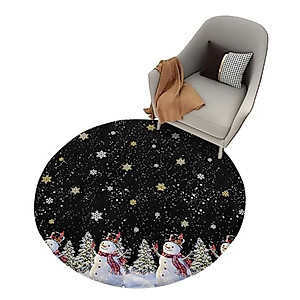 Christmas Black Fluffy Round Area Rug Carpets 3ft, Plush Shaggy Carpet Soft Circular Rugs, Non-Slip Fuzzy Accent Floor Mat for Living Room Bedroom Nursery Home Decor Snowman Gold Snowflake Xmas Tree