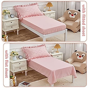 4 Piece Boho Tufted Toddler Bedding Set for Girls Pink Ruffle Bed Sheets Set Soft Jacquard Embroidery Crib Bedding Comforter Set for Baby | Include Comforter, Flat Sheet, Fitted Sheet, Pillowcase