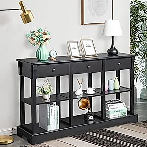 Karl home Console Table with 3 Drawers, Entryway Desk Sofa Side Table with 6 Bottom Cube Storage Shelves, Vintage TV Stand for Hallway Living Room Office, Black 32.5" H