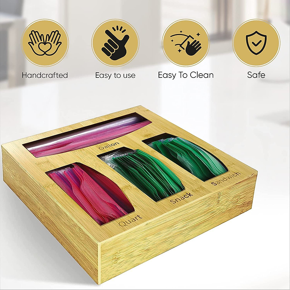 Food Ziplock Bag Storage Organizer For Kitchen Drawer, Bamboo Baggie Holder, Compatible With Ziploc, Solimo, Glad, Hefty For Gallon, Quart, Sandwich And Snack Variety Size Bags(1 Box 4 Slots) (1)