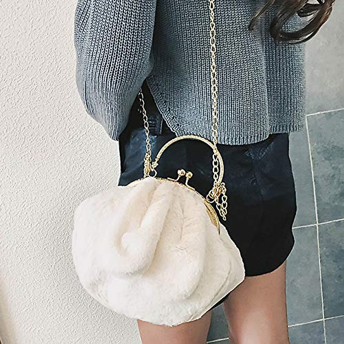 Rebecca Women girls Lovely Fuzzy Rabbit Ear Handbag Purse Plush Mini Satchel Crossbody Bag, White