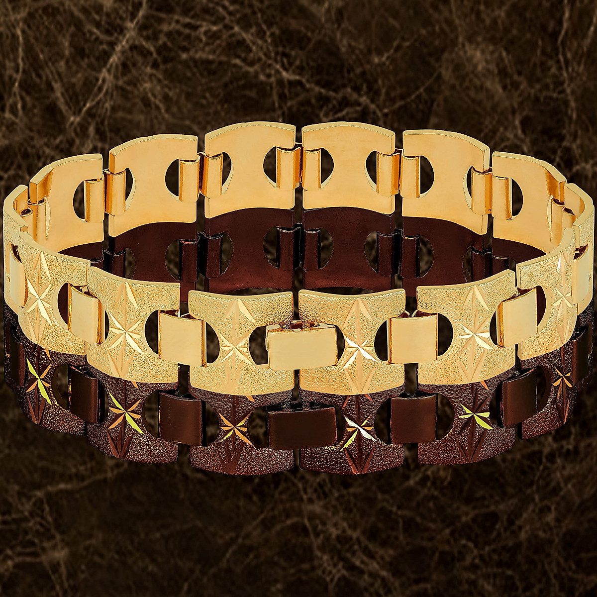 LIFETIME JEWELRY 15mm Diamond Cut Star and Arrows Link Bracelet for Men and Women 24k Gold Plated (Gold, 9 inches)