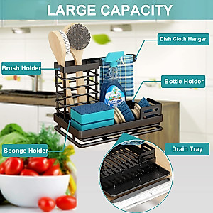 Teemuday Kitchen Sink Caddy, Dry Sink Organizer Drain Rack, Stainless Steel Sponge Holder With Water Tray, Kitchen Counter Storage For Soap, Sponge, Scrubber Brush,Dishes,Bottle Brush
