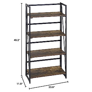 FurnitureR 4-Tier Bookcase Folding Bookshelf Home Office Industrial Bookcase with Metal Frame No Assembly Storage Shelves Vintage Flower Stand Rustic Book Rack Organizer, 23.6 X 11.8 X 49.2 Inches